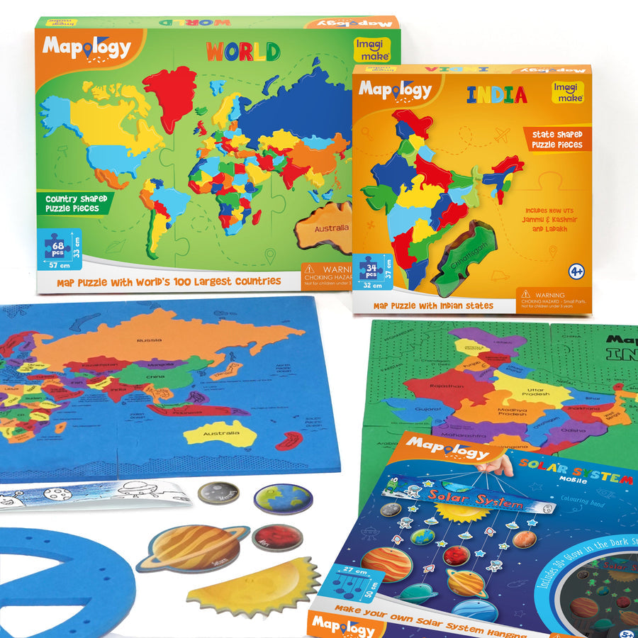 Mapology Combo: India & World Map Puzzle and Solar System Mobile - DIY ...